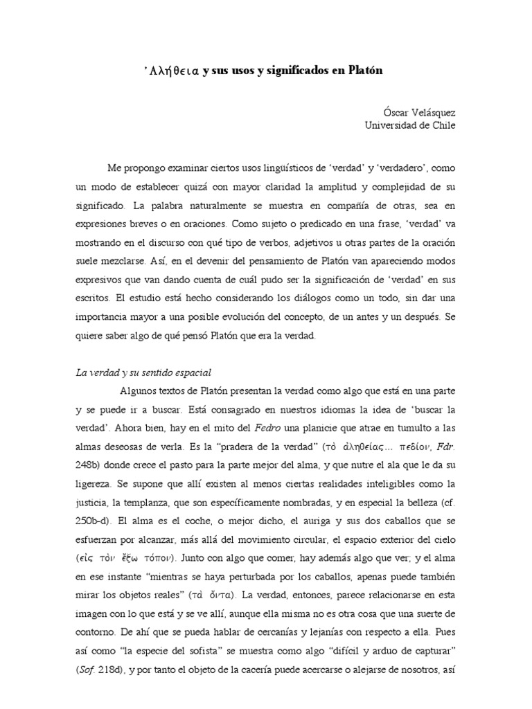 Aletheia y Sus Usos y Significados en Platón | PDF | Verdad | Platón