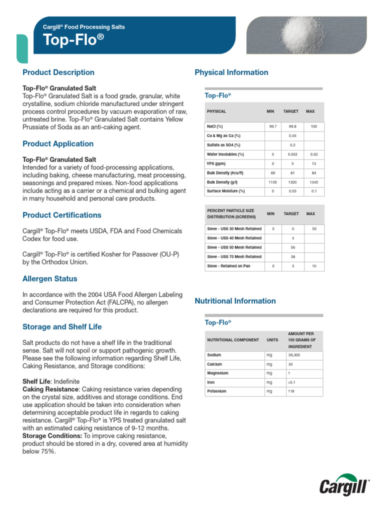 Salt-3900 Top-Flo Product Sheet (Granulated Salt) | PDF | Salt | Sodium ...