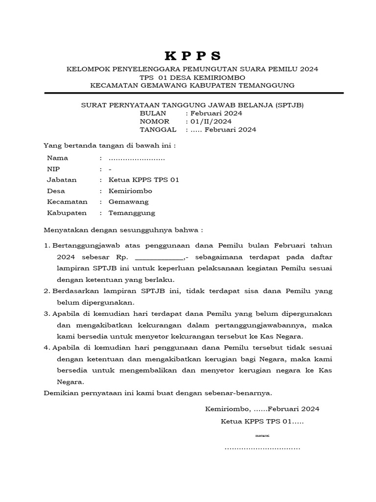 SPTJB dan Tugas KPPS Kemiriombo | PDF