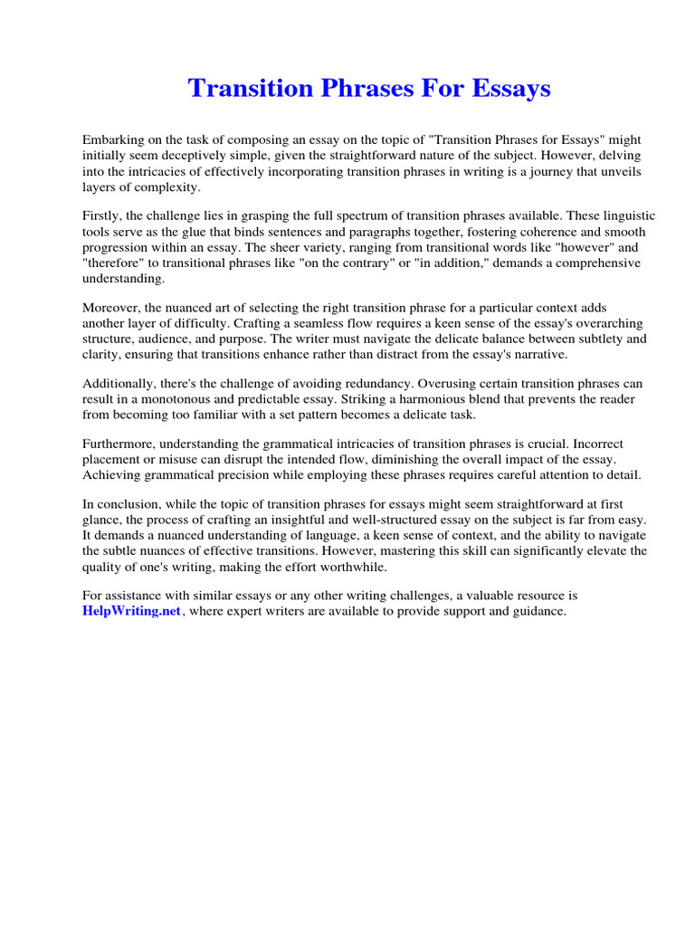 Transition Phrases For Essays | PDF