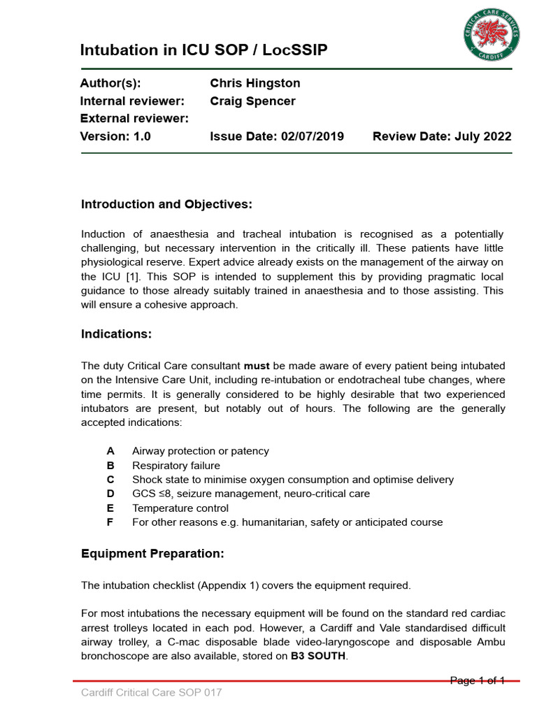 Intubation in ICU SOP 017 | PDF