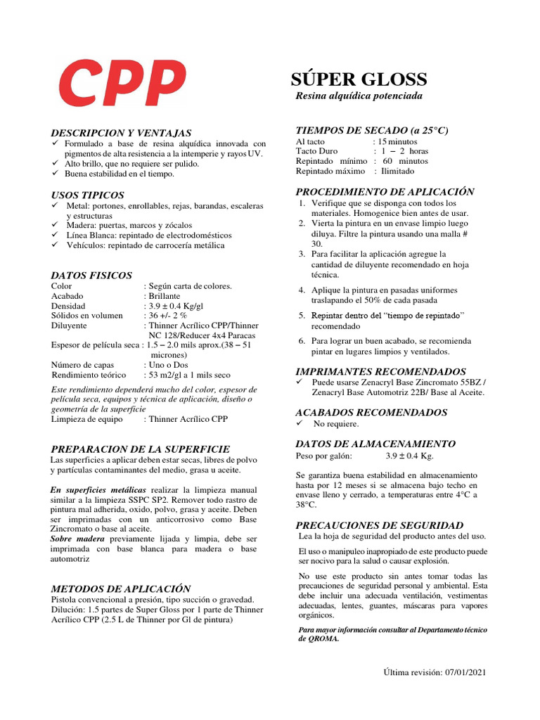 Pinturas CPP Automotriz Super Gloss Ficha Tecnica | PDF