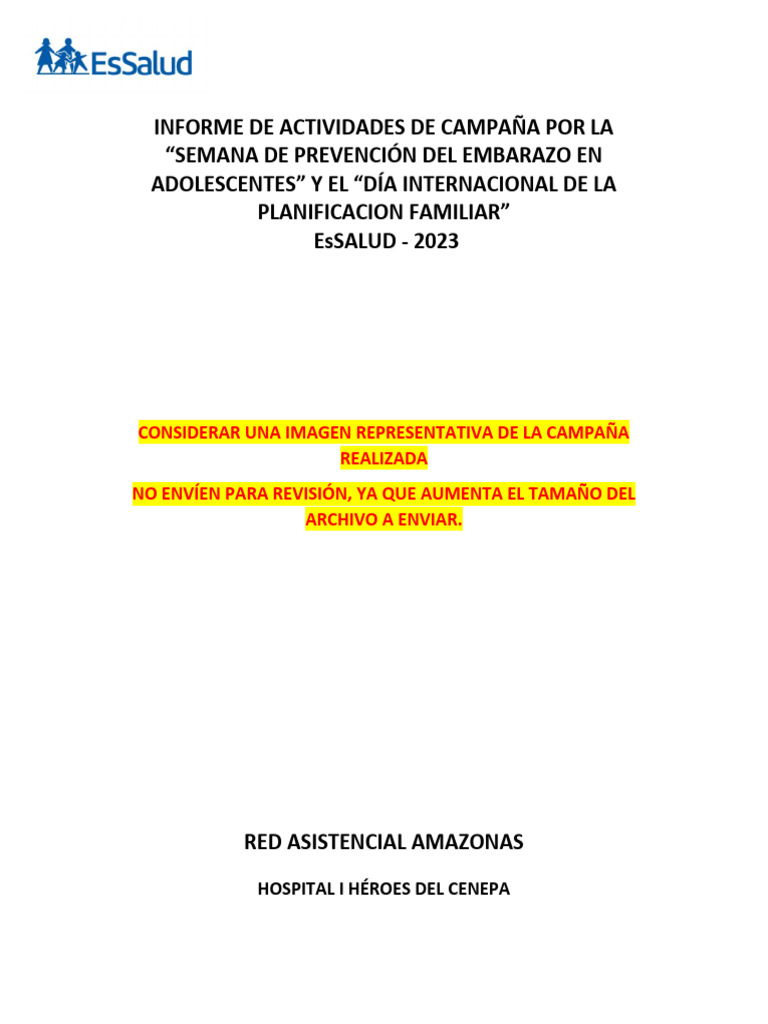 Informe de Actividades de Campaña Por La Semana de La Prevencion de ...