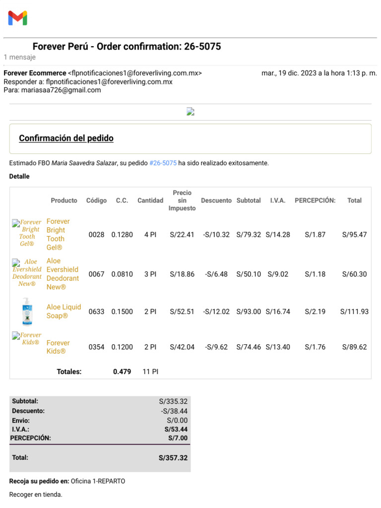 Gmail - ? ? Forever Perú - Order Confirmation - 26-5075 | PDF