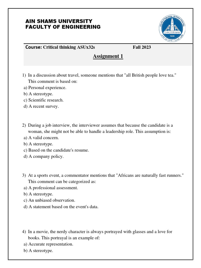 Critical Thinking Assignment 1 | PDF | Critical Thinking | Stereotypes