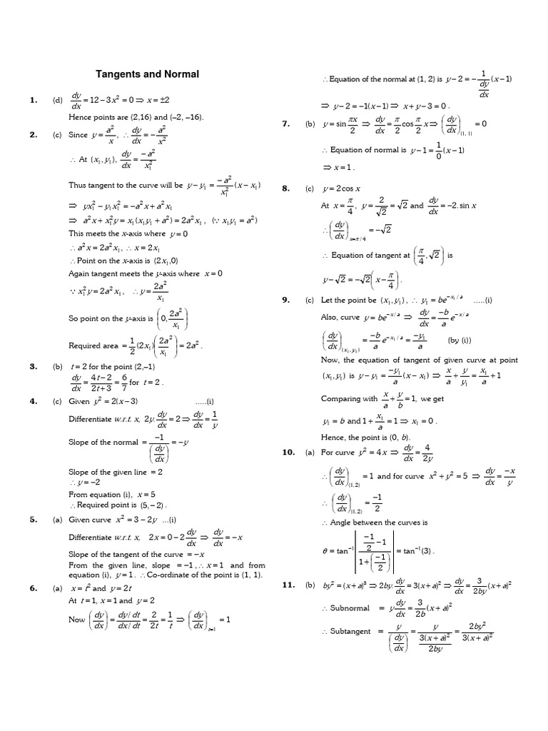 Tangents and Normal Hints | PDF | Slope | Tangent