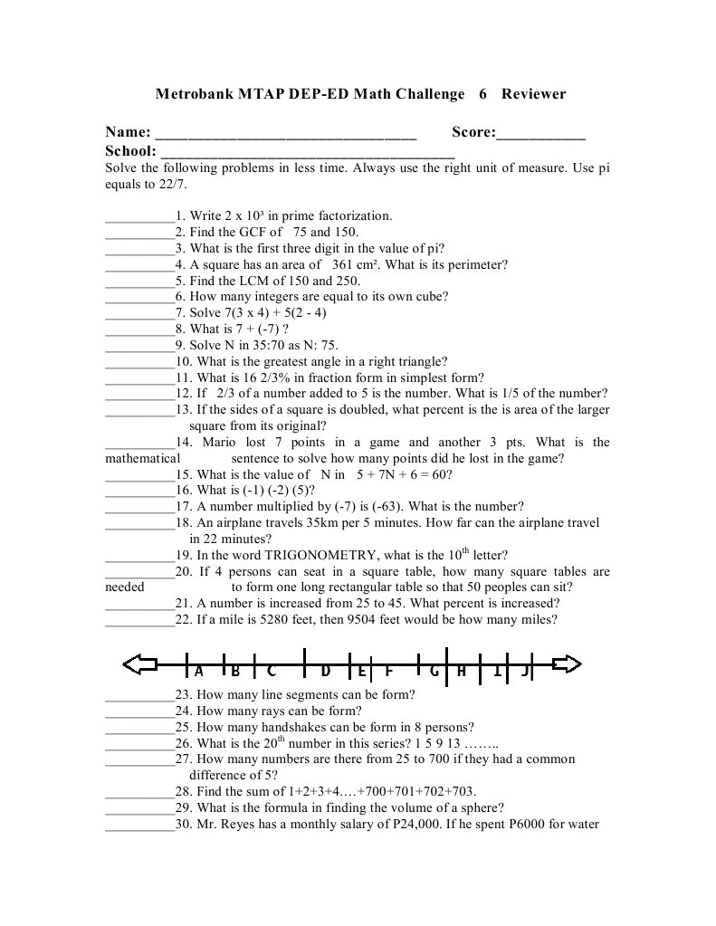 Metrobank MTAP DEP-ED Math Challenge 6 Reviewer