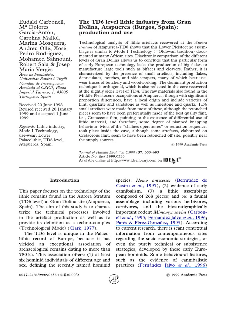 Carbonell - 1999a - The TD6 Level Lithic Industry From Gran Dolina, Atapuerca (Burgos, Spain ...