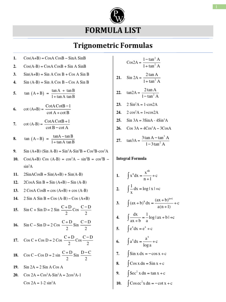 Formulas List - (Maths) - Sanjay Sir - Akash-1 | PDF | Trigonometric Functions | Trigonometry