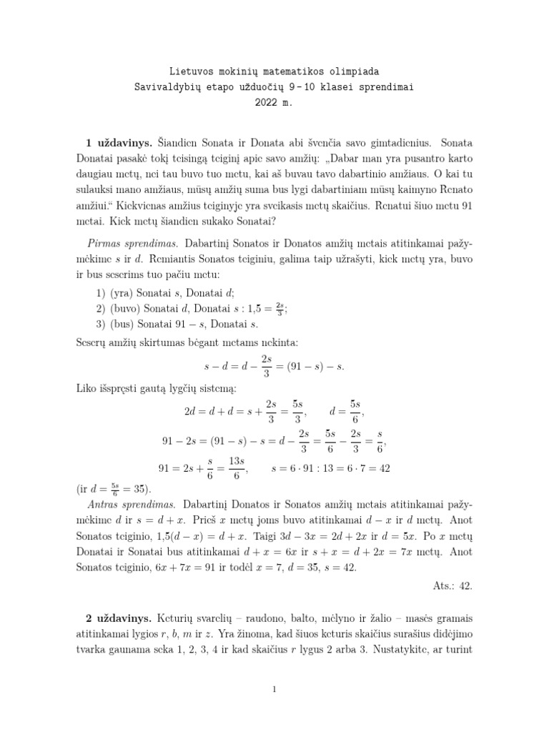 2022 - Matematikos Olimiada - I Et. - Sprendimai - 9 - 10 - KL - 2022 | PDF