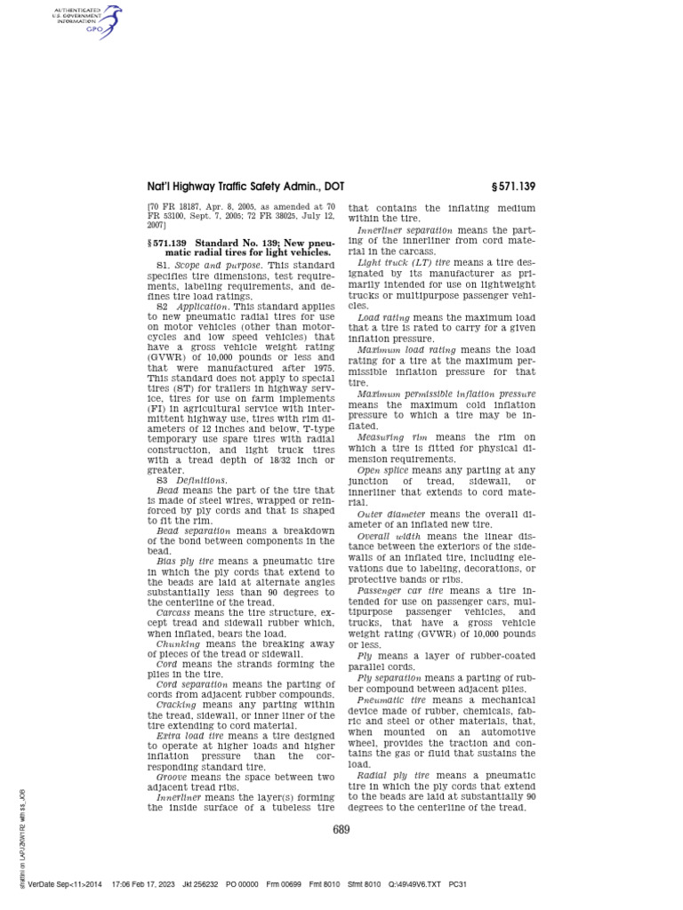 FMVSS 139 2022-10-01 | Download Free PDF | Tire | Transport