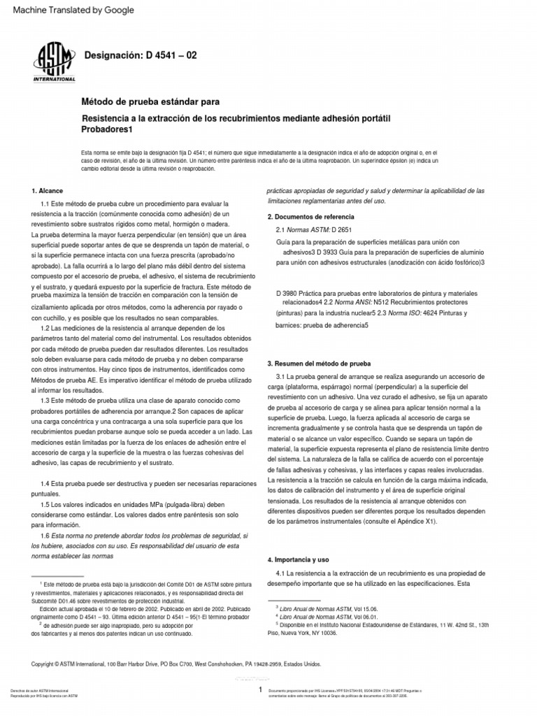 Prueba de Adherencia ASTM D4541 | PDF | Revestimiento | Resistencia a ...