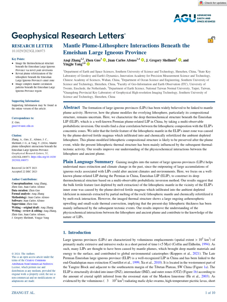 Geophysical Research Letters - 2024 - Zhang - Mantle Plume Lithosphere ...