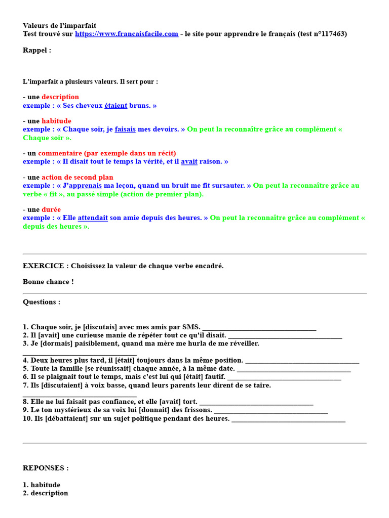 Valeurs de L'imparfait de L'indicatif Dans La Conjugaison | PDF ...