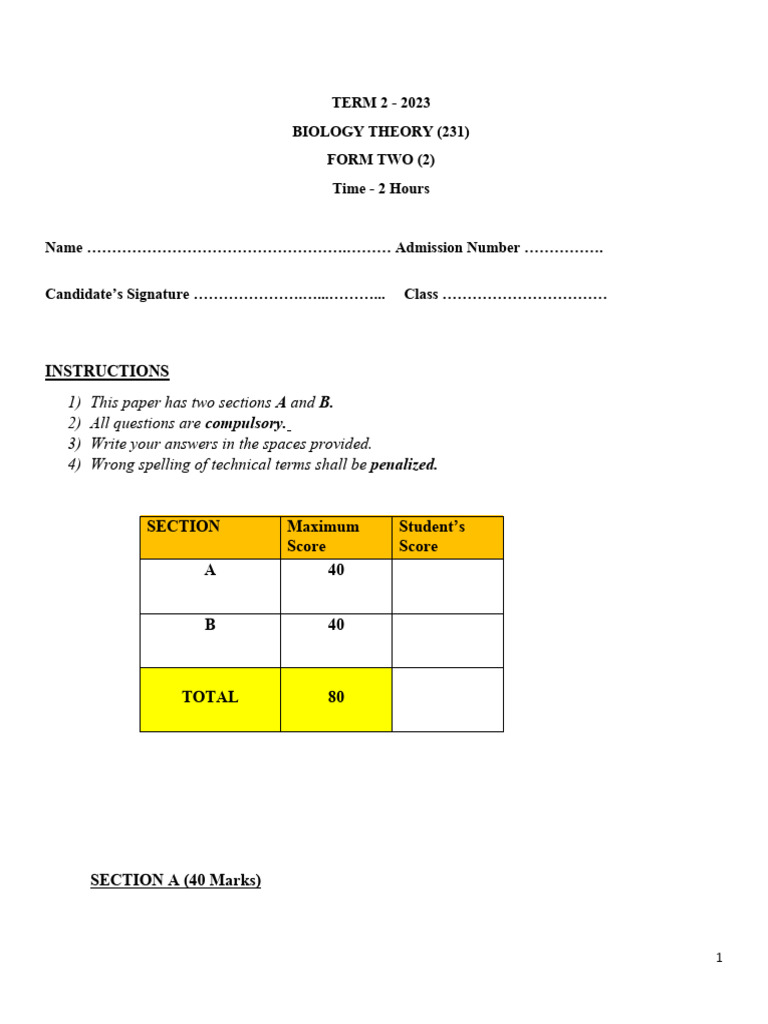 2023 BIOLOGY F2 QS T2 Exam Teacher - Co - .Ke | PDF | Blood | Physical ...