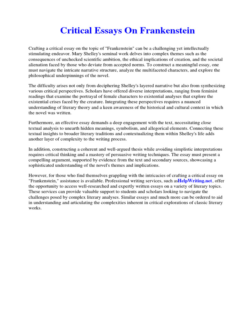 Critical Essays On Frankenstein | PDF | Essays | Frankenstein