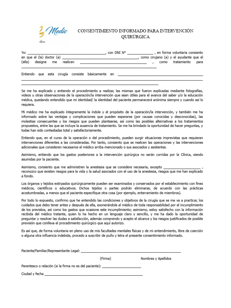 Consentimiento Informado Quirúrgico | PDF | Cirugía | Consentimiento ...