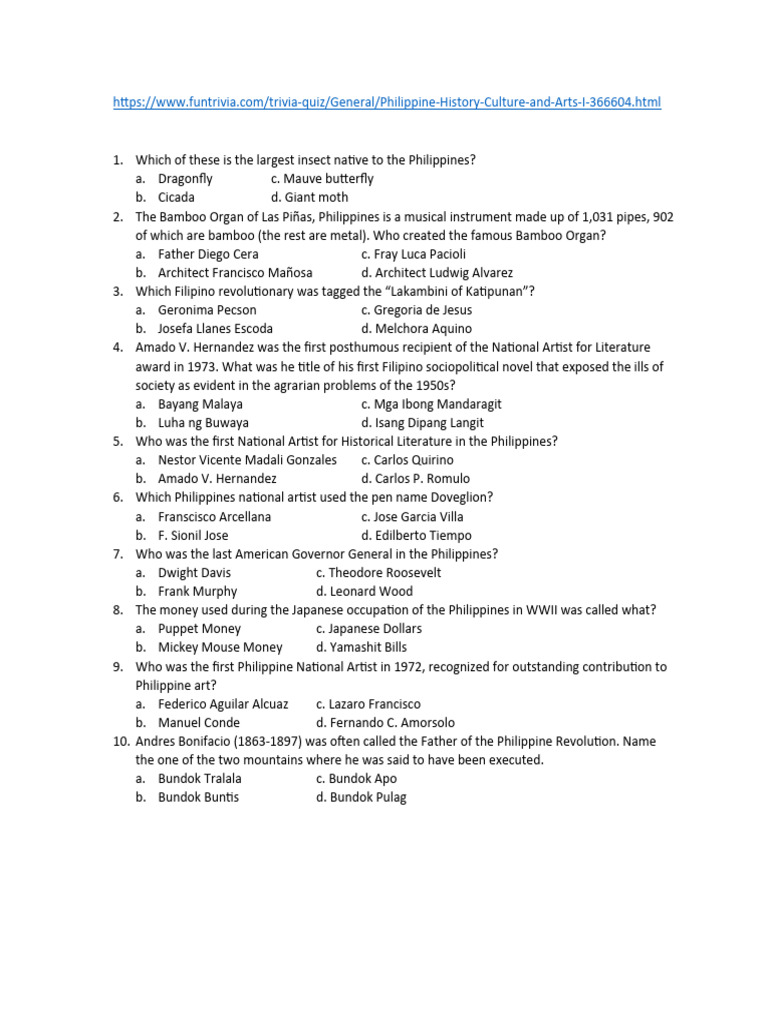 Philippine Arts and History Quiz Bee | PDF | History