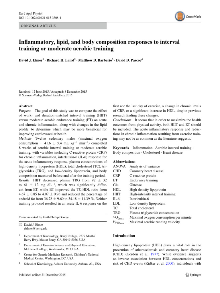 Elmer 2015 Inflammatory, Lipid, and Body Composition Responses To Interval | Download Free PDF ...