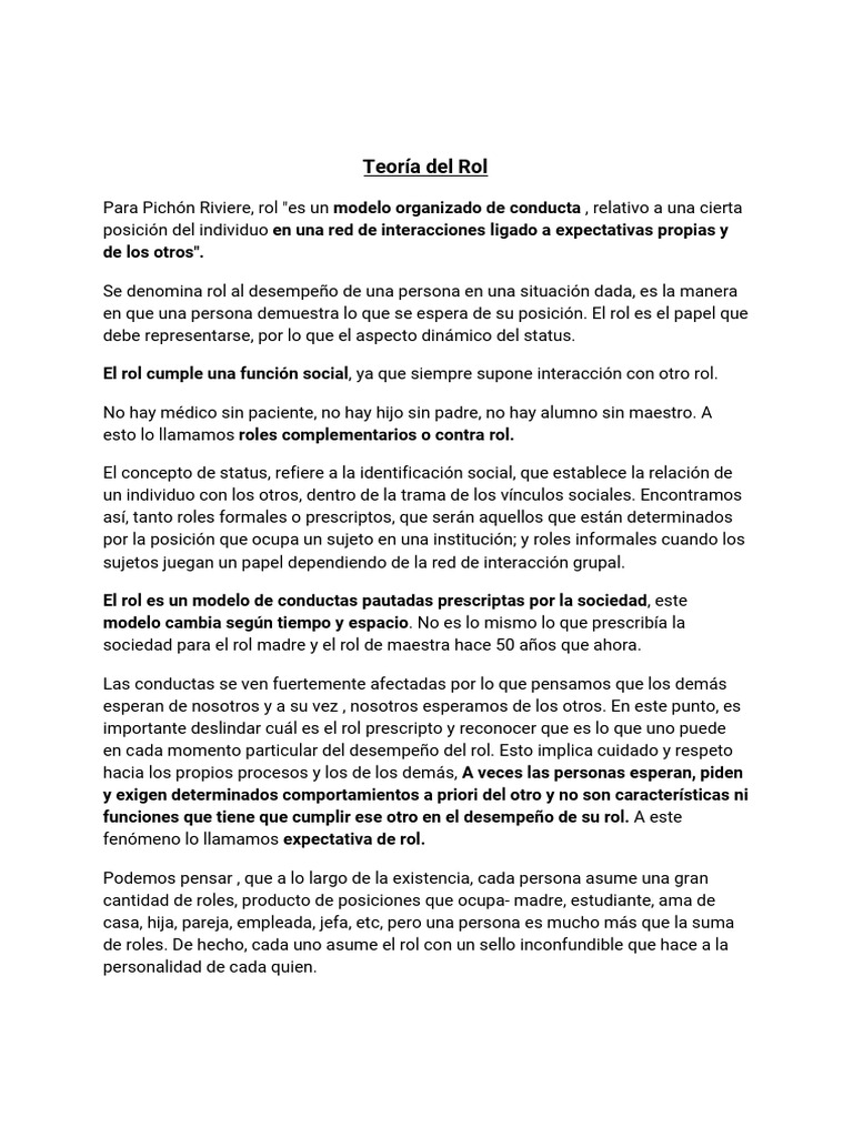 Pichon Riviere Teoria Del Rol 1 | PDF | Cognición | Psicología Social