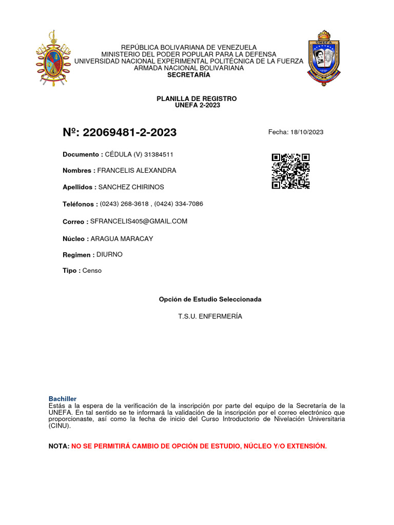 Planilla de Inscripcion de La Unefa Francelis | PDF