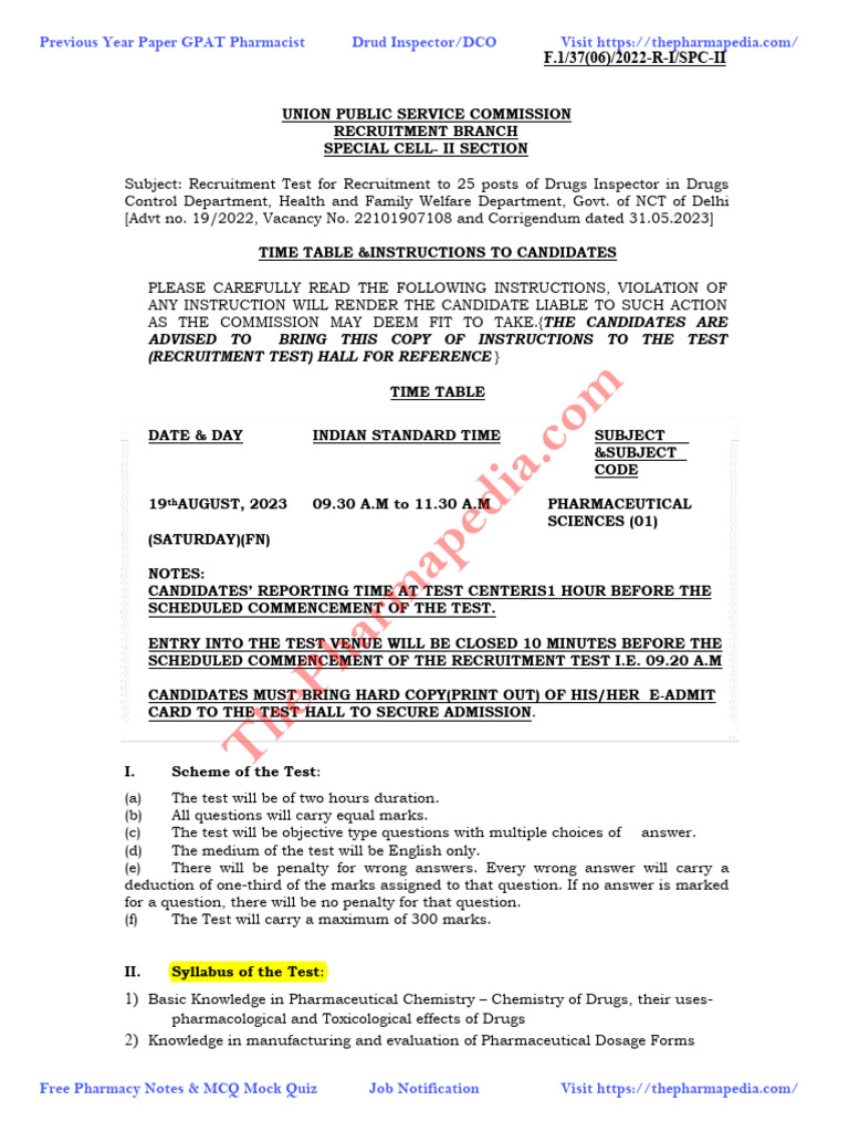 UPSC-Drug-Inspector-Syllabus-2023 | PDF | Pharmacy | Pharmacology