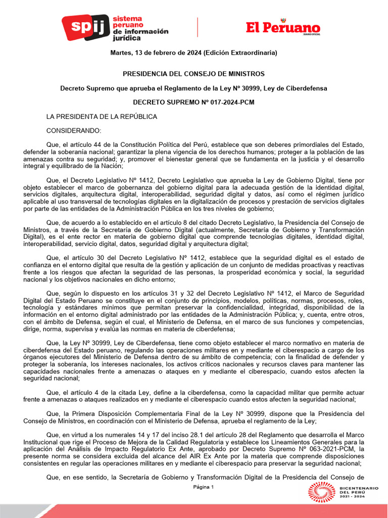 Reglamento de la Ley de Ciberdefensa Perú | PDF | Estado de emergencia ...
