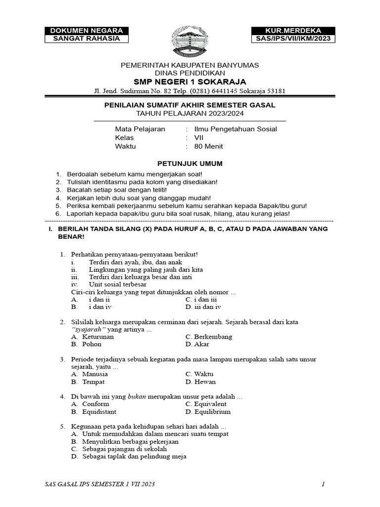Sas Ips Kelas Vii Semester 1 | PDF