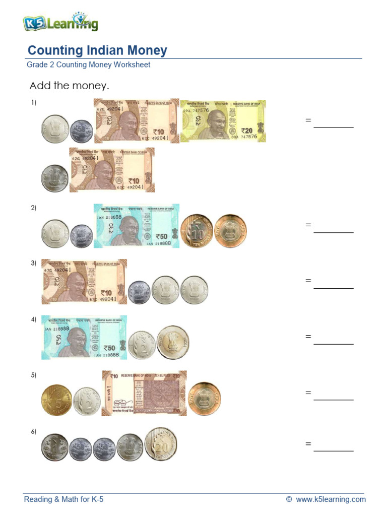 Grade 2 Indian Money Counting Worksheet | PDF