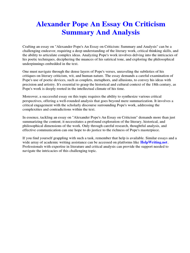 Alexander Pope An Essay On Criticism Summary and Analysis | PDF ...