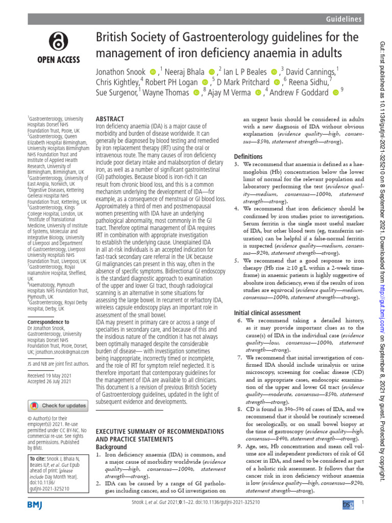 British Society of Gastroenterology Guidelines For The Management of Iron Deficiency Anaemia in ...