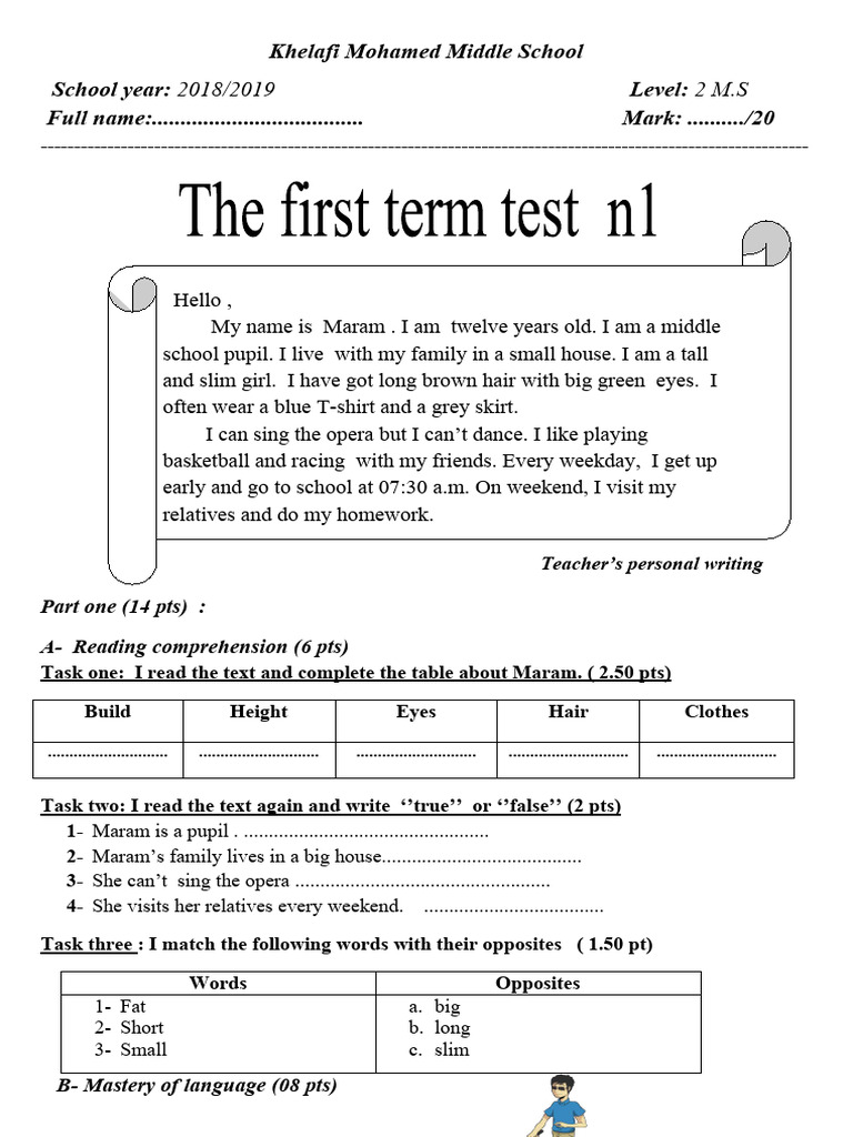 Middle School English Assessment 2018-2019 | PDF