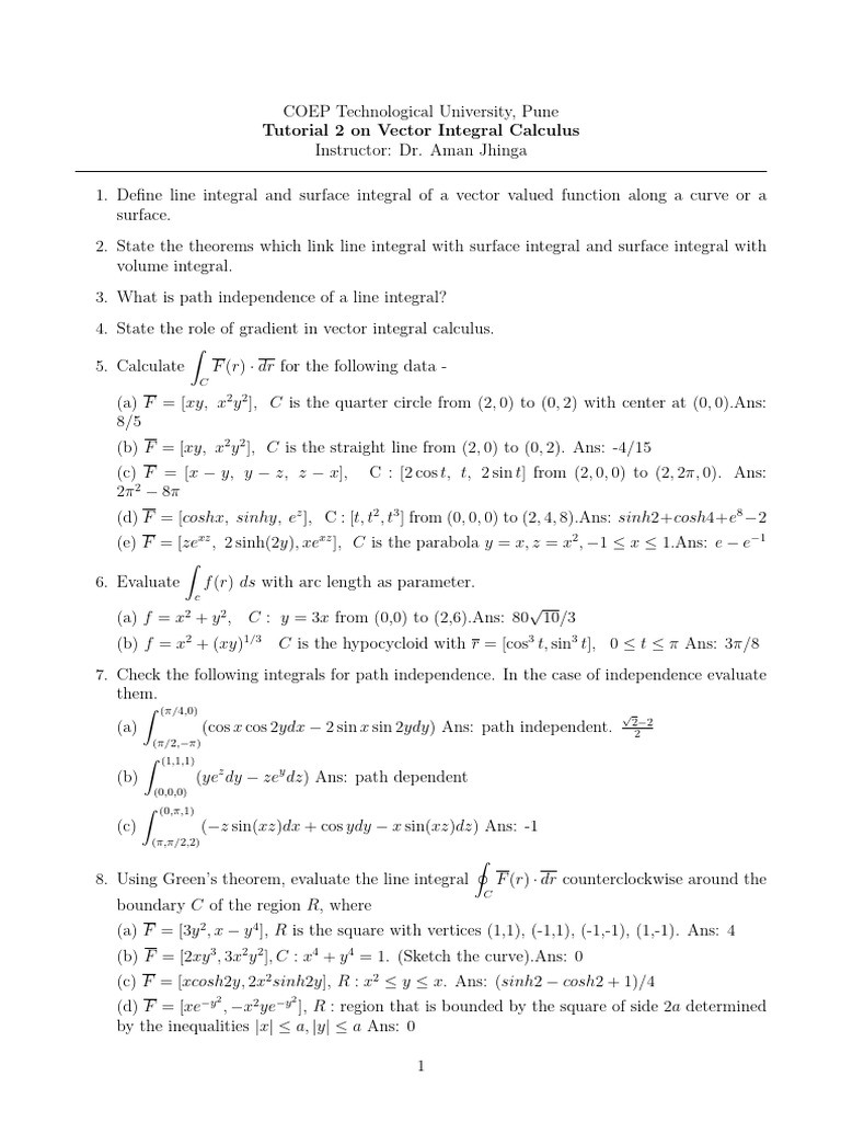 Tut On Vector Integration | PDF | Flux | Integral