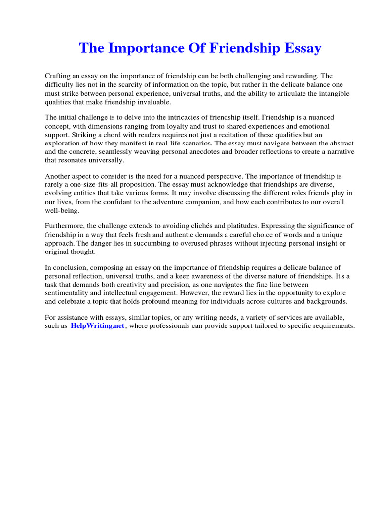 The Importance of Friendship Essay | PDF | Signal Transduction | J. D ...