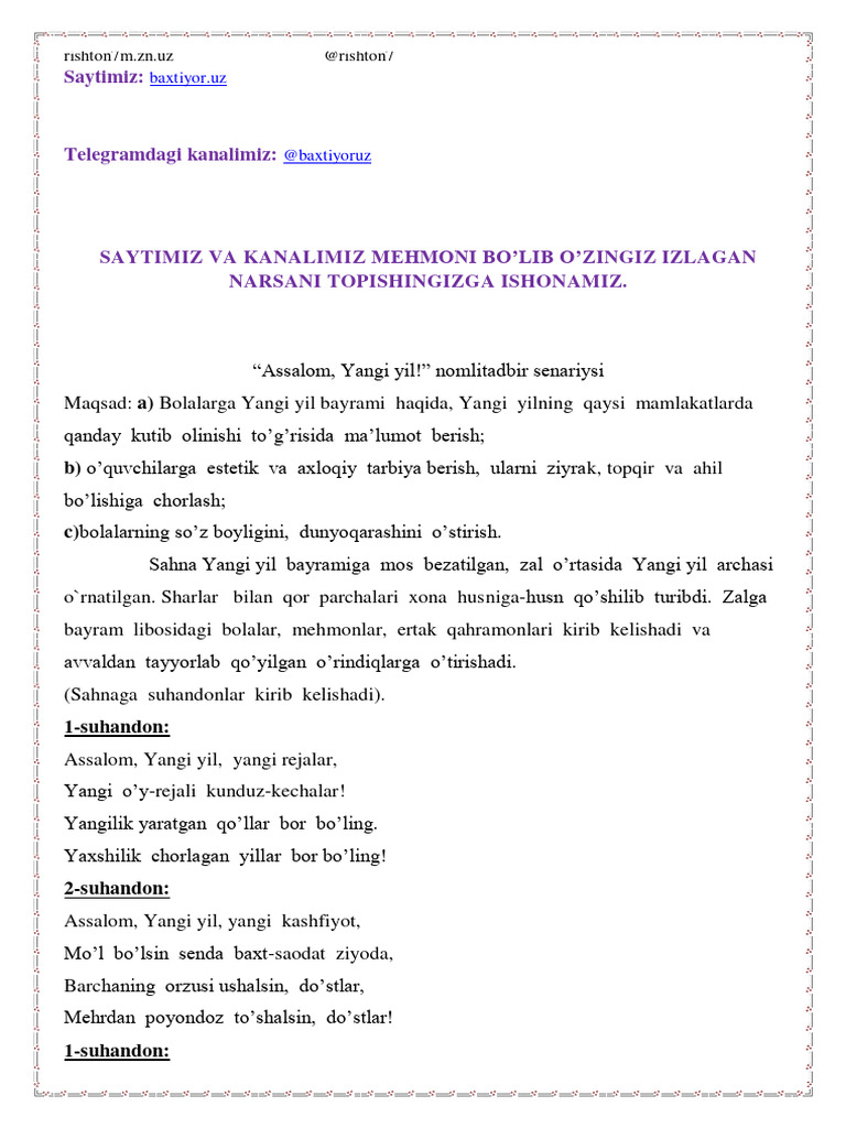 Assalom Yangi Yil Tadbir Senariysi Baxtiyoruz | PDF