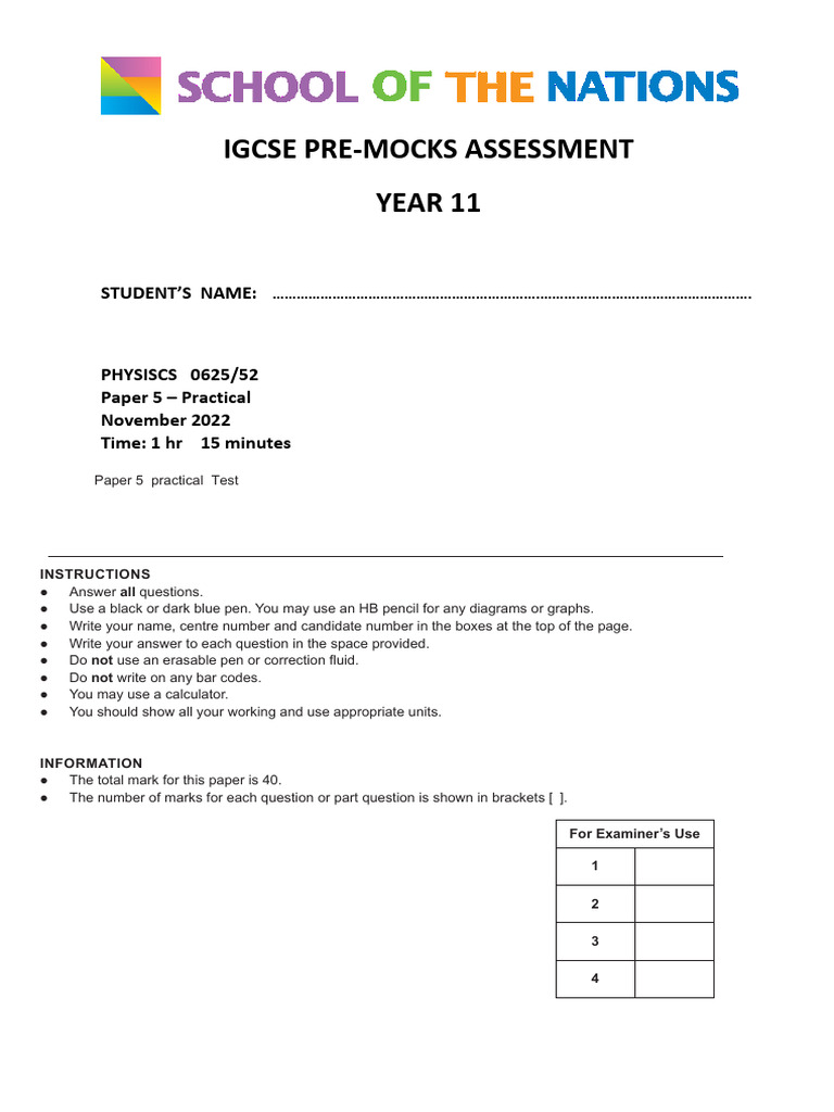 IGCSE Physics Practical Pre-Mock Exam | PDF
