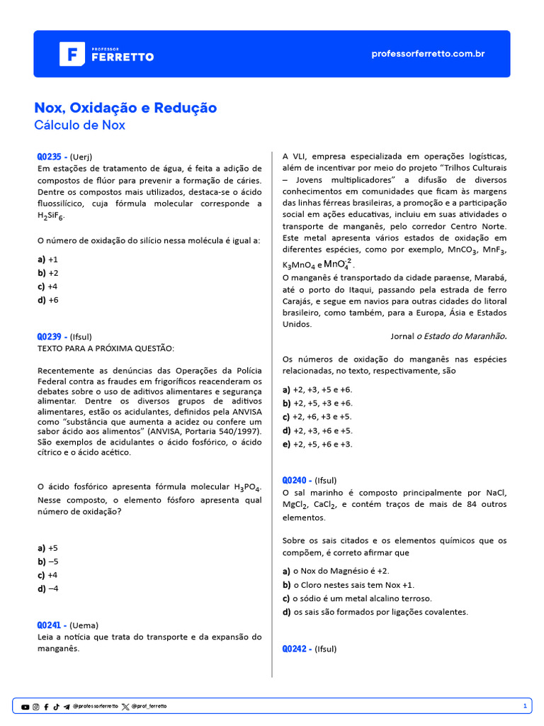Questions Quimica Nox Oxidacao e Reducao Calculo de Nox | PDF ...