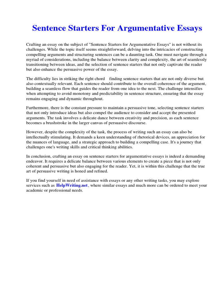 Sentence Starters For Argumentative Essays | PDF | Self | Essays