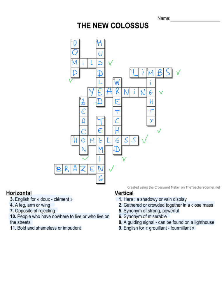 Crossword Puzzle The New Colossus | PDF