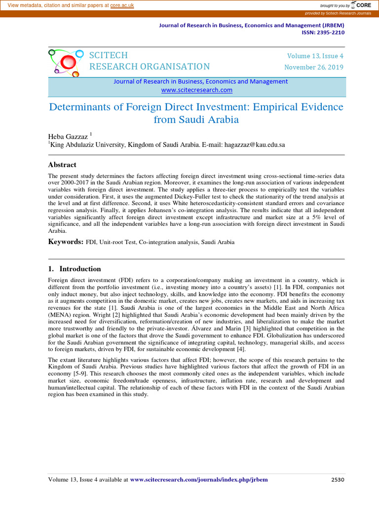 Determinants of Foreign Direct Investment Empirical Evidence Gazzaz | PDF | Foreign Direct ...