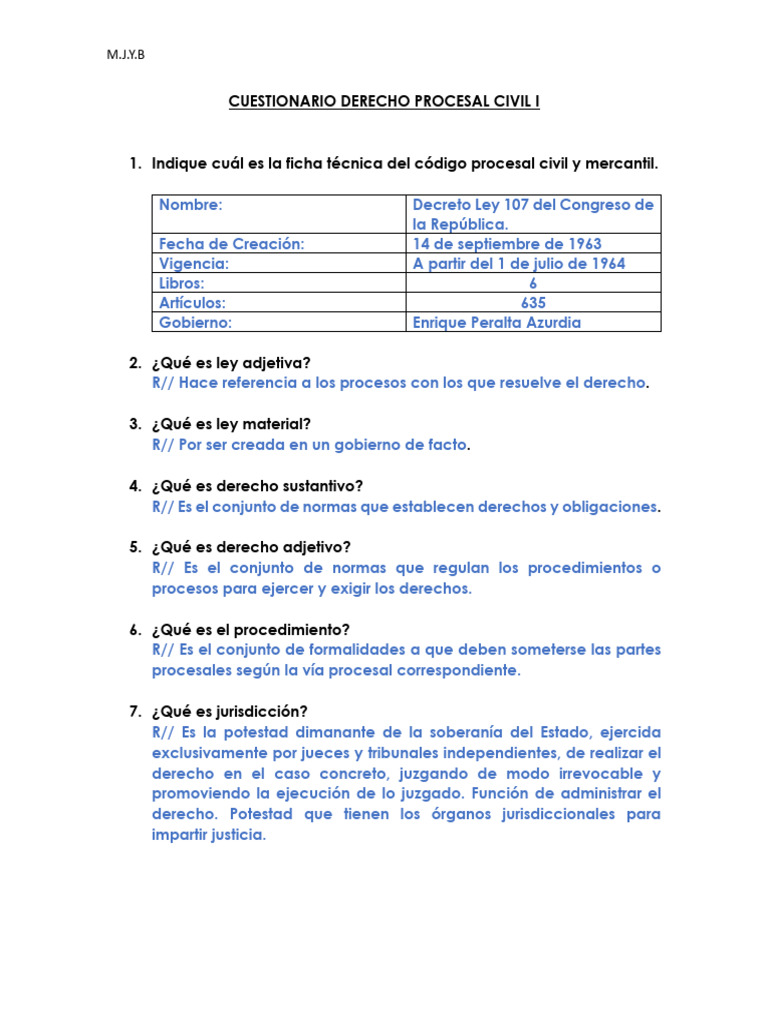Cuestionario Derecho Procesal Civil I | PDF | Ley procesal | Jurisdicción