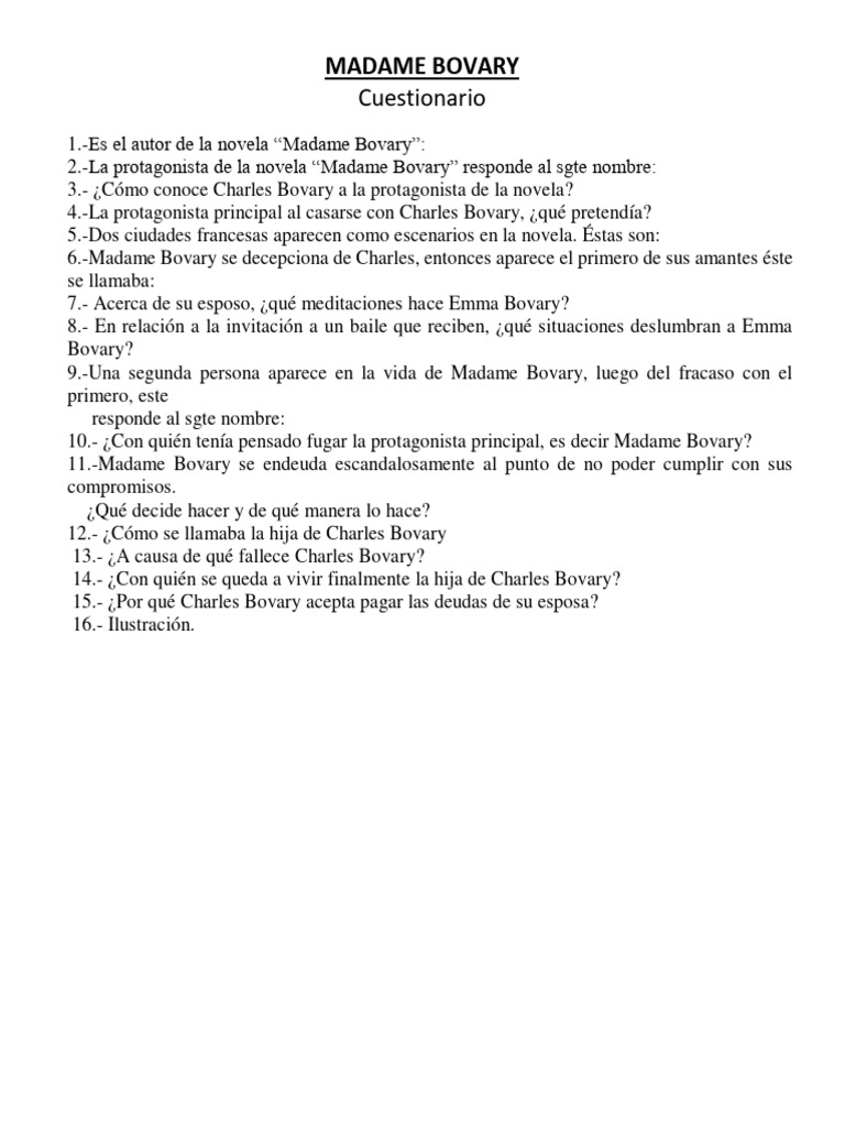 Cuestionario sobre Madame Bovary | PDF