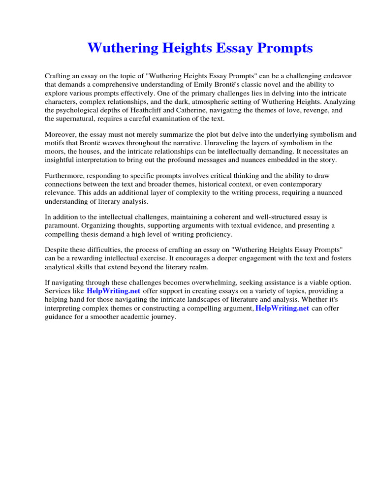 Wuthering Heights Essay Prompts | PDF | World Of A Song Of Ice And Fire ...