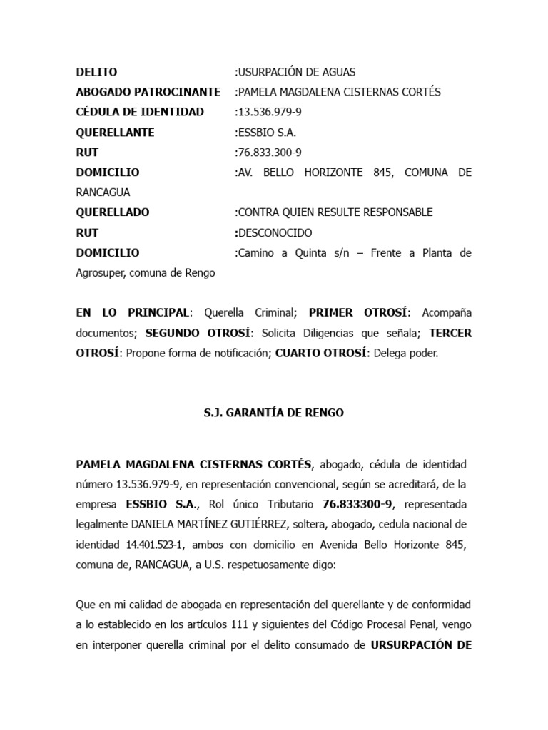 Querella Usurpación de Aguas No Enrolado | PDF | Queja | Derecho penal