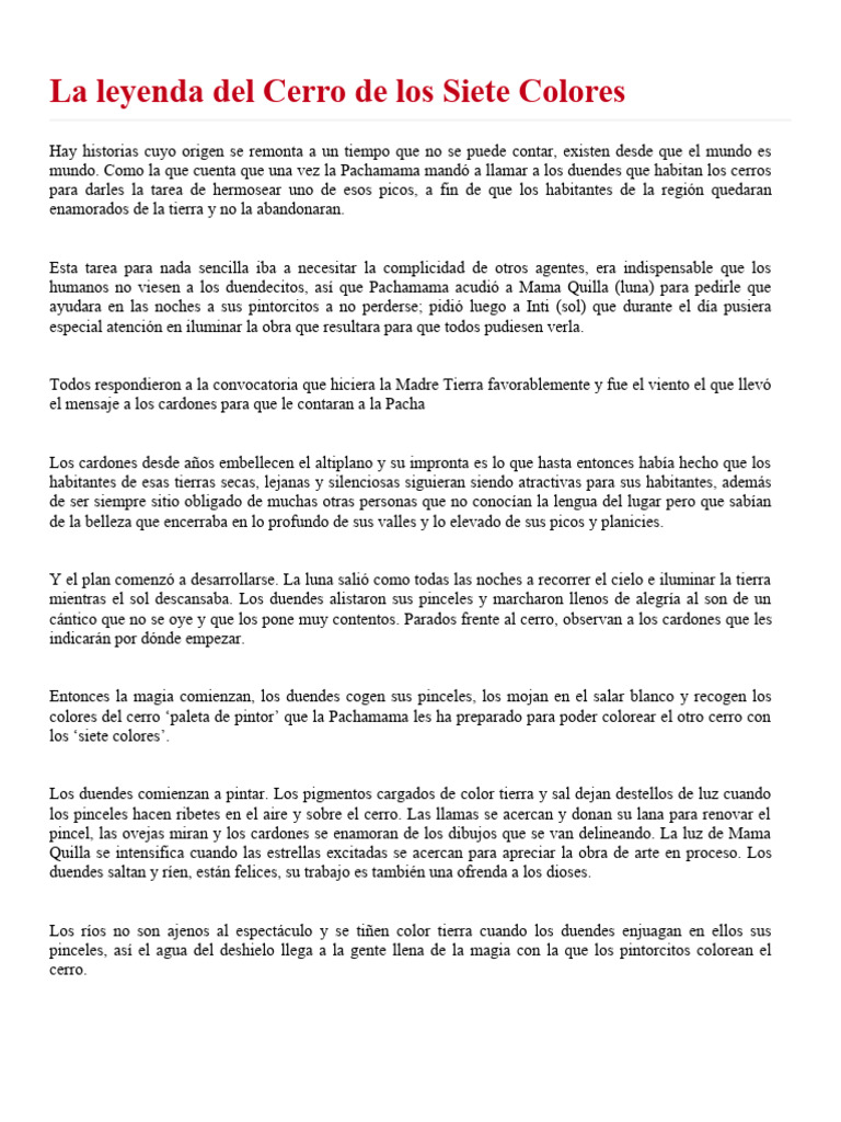 La Leyenda Del Cerro de Los Siete Colores | PDF | Pinturas