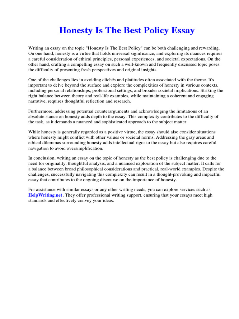Honesty Is The Best Policy Essay | PDF | Sponge | Gender