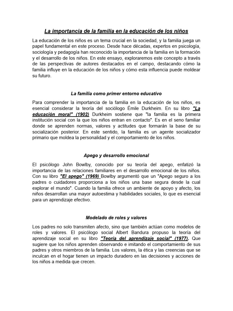 Ensayo Importancia de La Familia en La Educacion de Los Niños ...