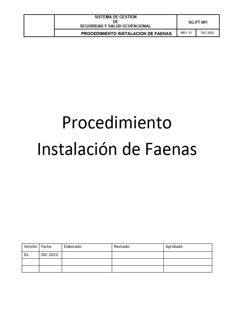 SG-PT-001 FORMATO Procedimiento Instalación de Faenas | PDF | Agua | Seguridad y salud ocupacional