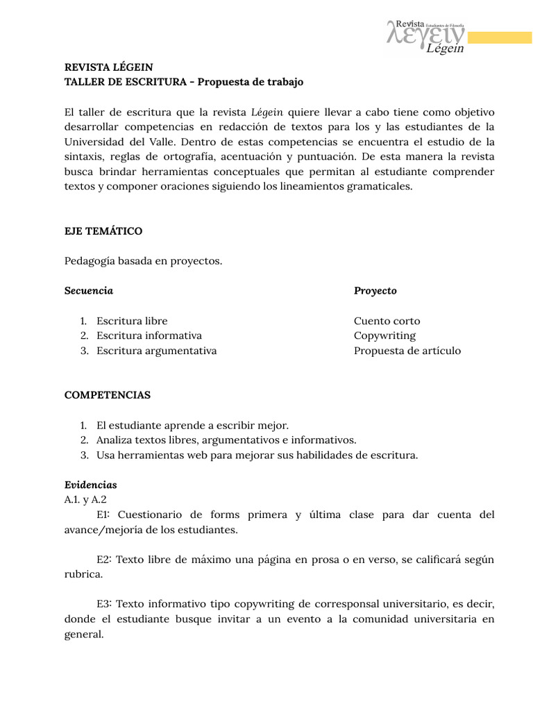Propuesta de Taller de Escritura - Revista Légein | PDF