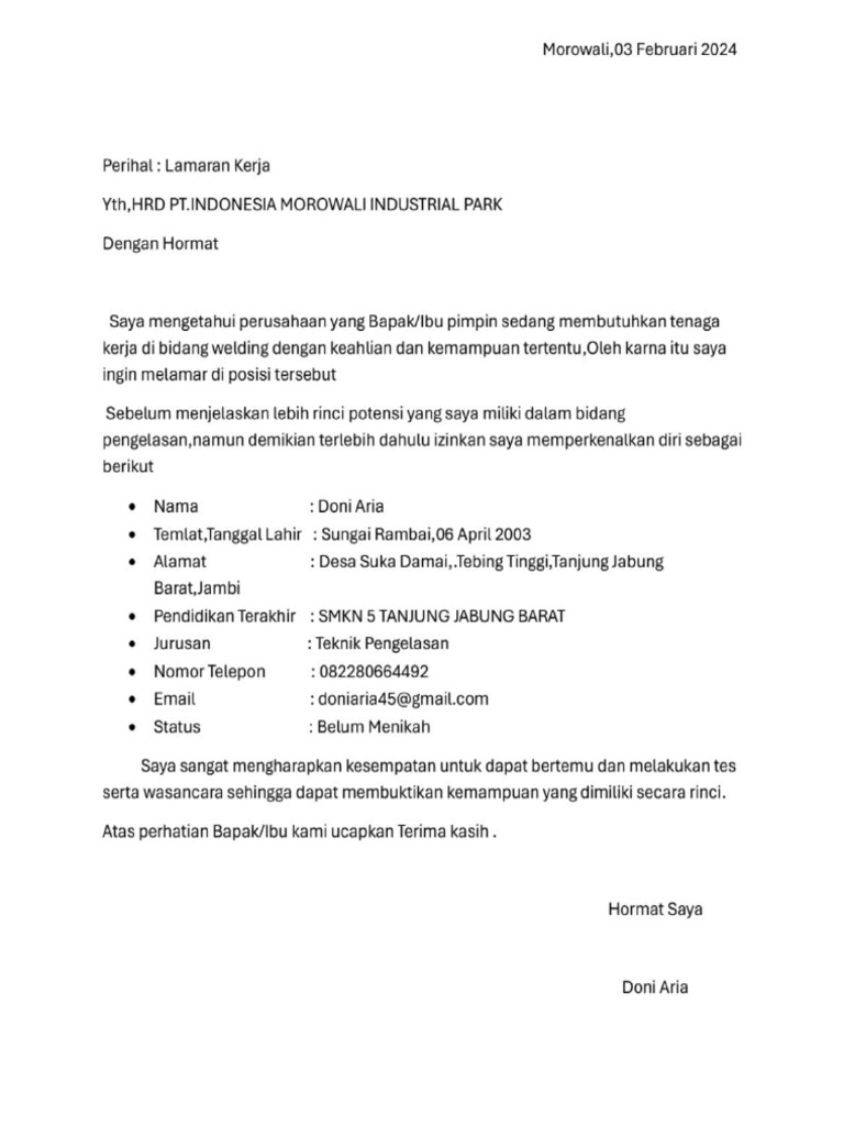 Berkas IMIP Doni Aria | PDF